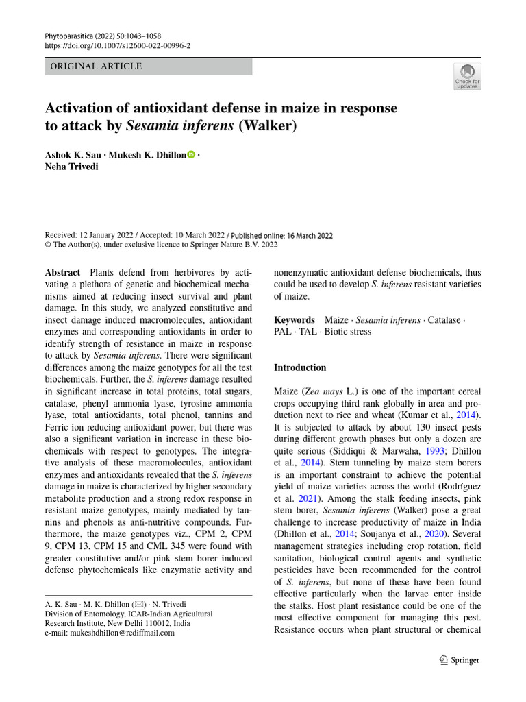 Activation of Antioxidant Defense in Maize in Response To Attack by ...