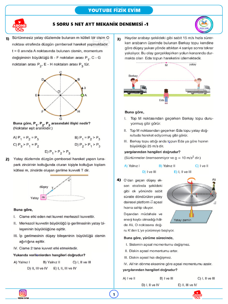 MEKANİK DENEMESİ-1 | PDF