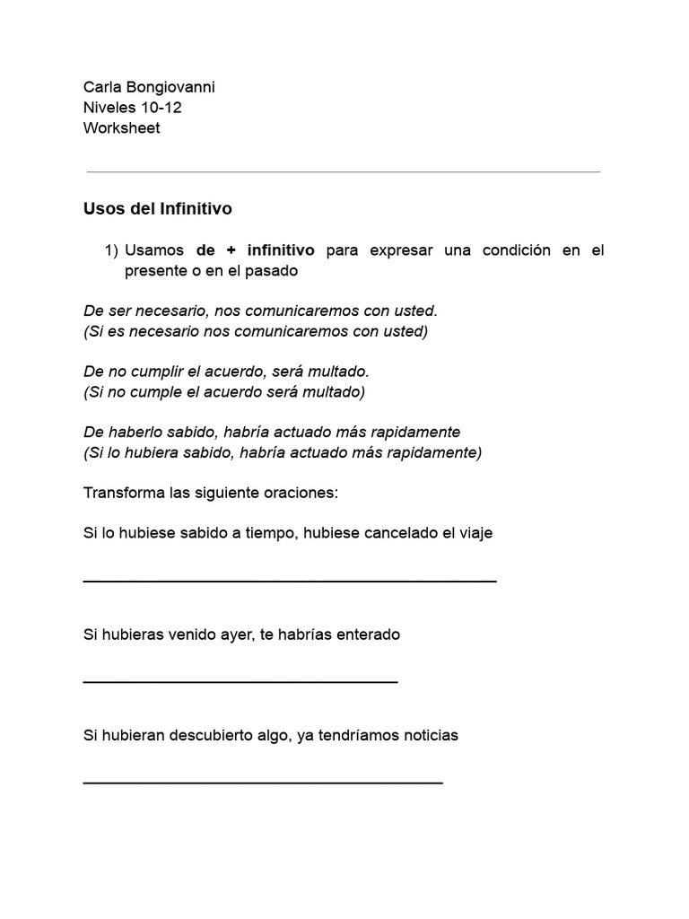 Usos del Infinitivo y Reproches en Español | PDF