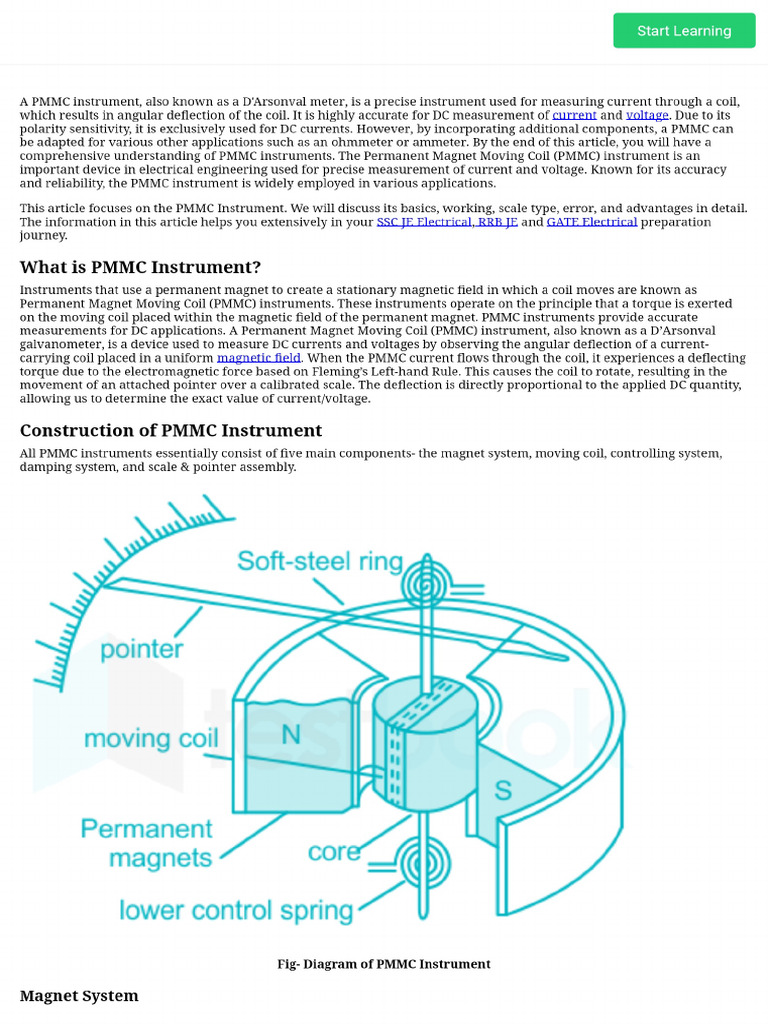 PMMC Instrument (Permanent Magnet Moving Coil)_ Working Principle & Torque | PDF