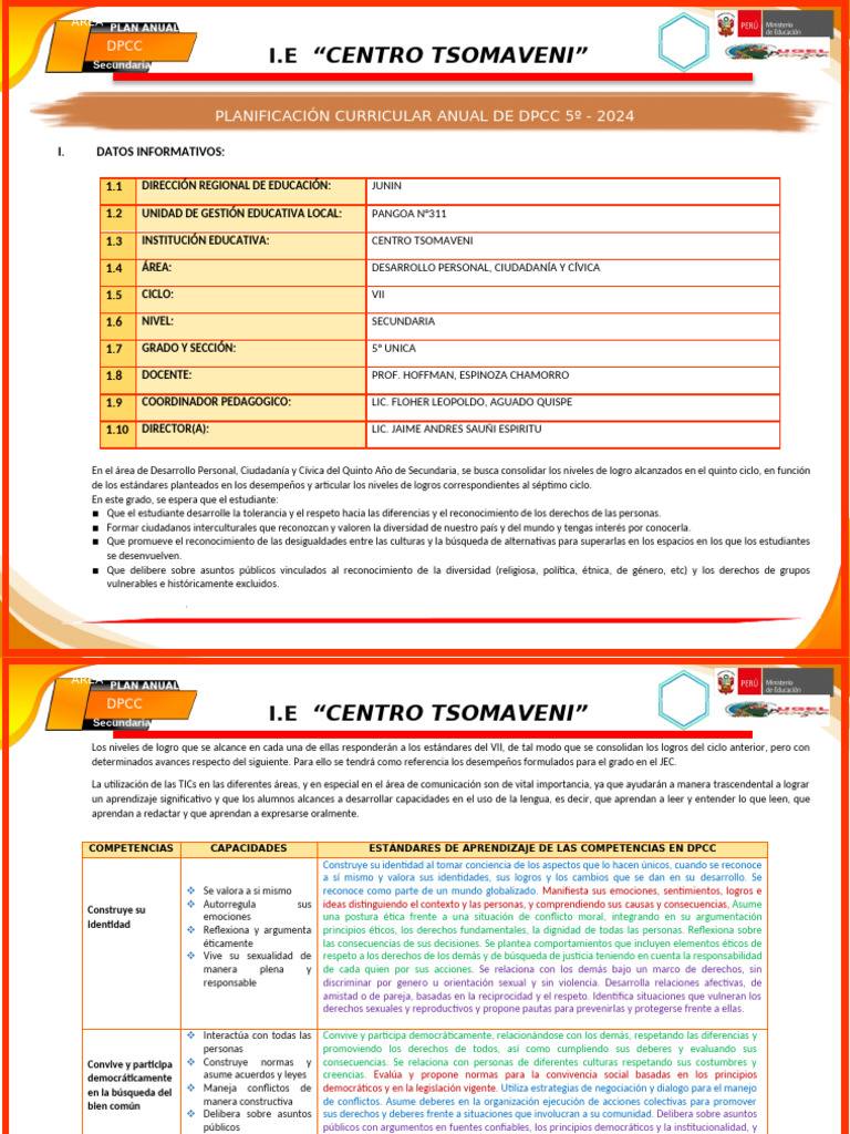 Plan Anual DPCC 5° Secundaria 2024 | PDF | Ciudadanía | Democracia