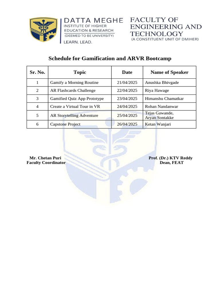 Gamification and ARVR - SCHEDULE | PDF