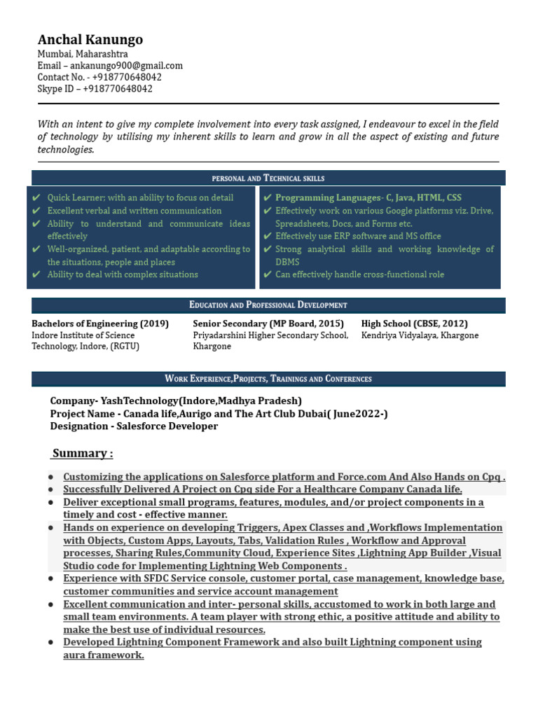 Salesforce Developer Resume Summary | PDF | Databases | My Sql