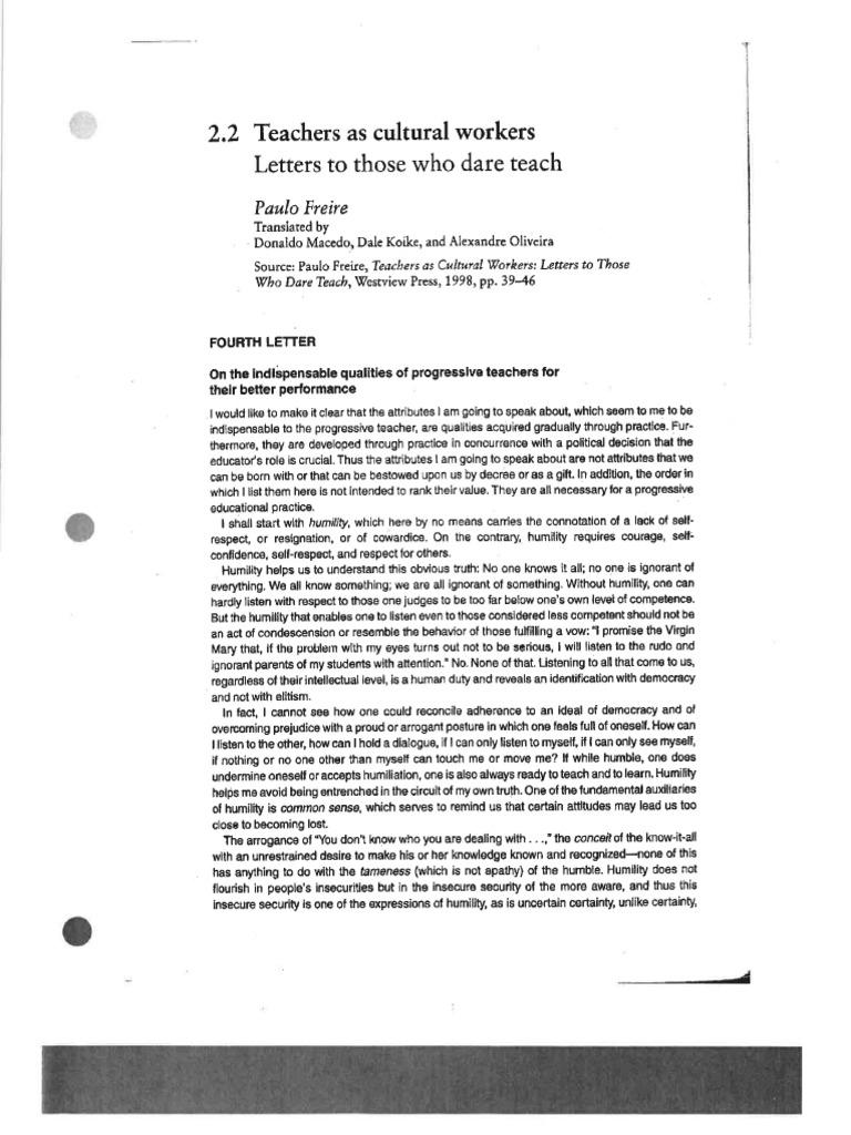 Freire Qualities of Progressive Teachers (Fourth Letter) | PDF