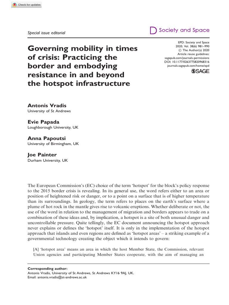 Vradis Et Al 2020 Governing Mobility in Times of Crisis Practicing The ...