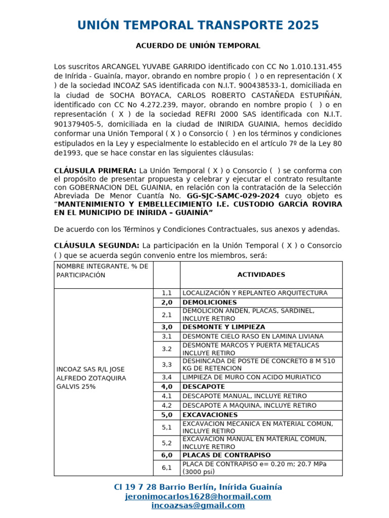 Acuerdo Unión Temporal | PDF | Consorcio | Materiales de construcción