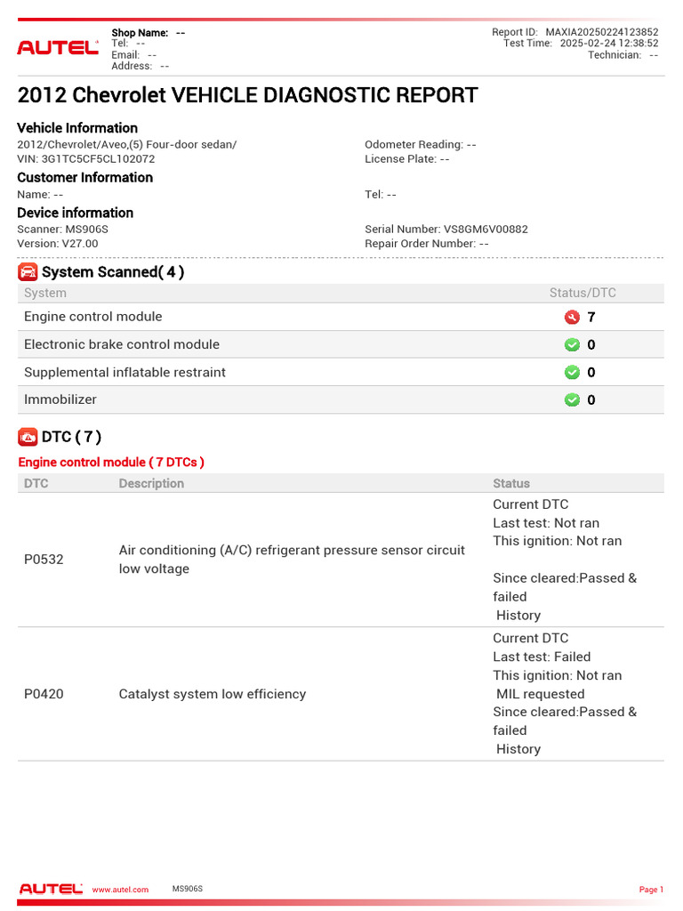 2012 Chevrolet Vehicle Diagnostic Report: System Scanned (4) | PDF ...