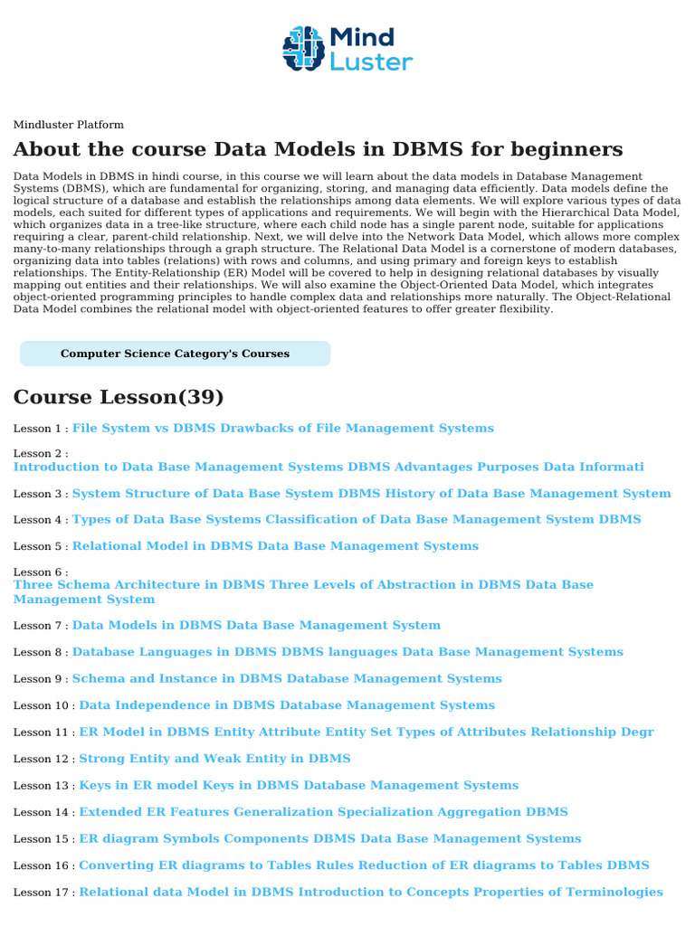 Data Models in DBMS Course Overview | PDF | Databases | Relational Database