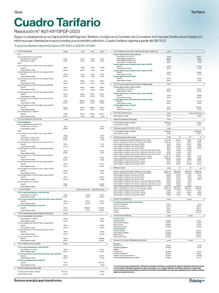 EDELAP Cuadro Tarifario Diciembre A3 | PDF | Energia electrica | Poder (Física)