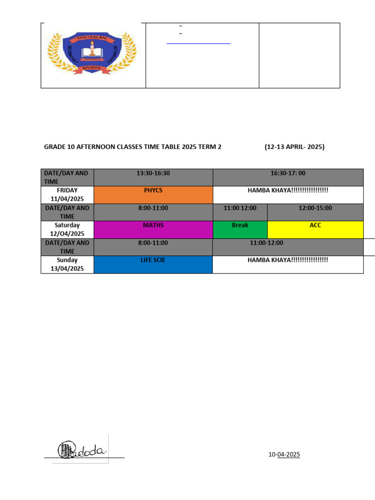 10 April Time Table - 023426 | PDF