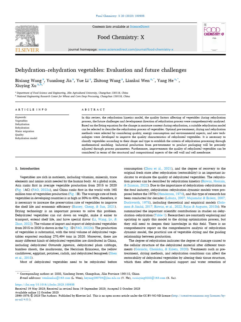 Dehydration–rehydration vegetables Evaluation and future challenges | PDF | Diffusion | Osmosis