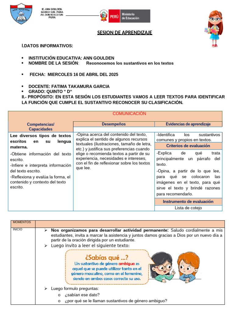 SESION DE APRENDIZAJE Reconocemos Los Sustantivos en Los Textos | PDF ...