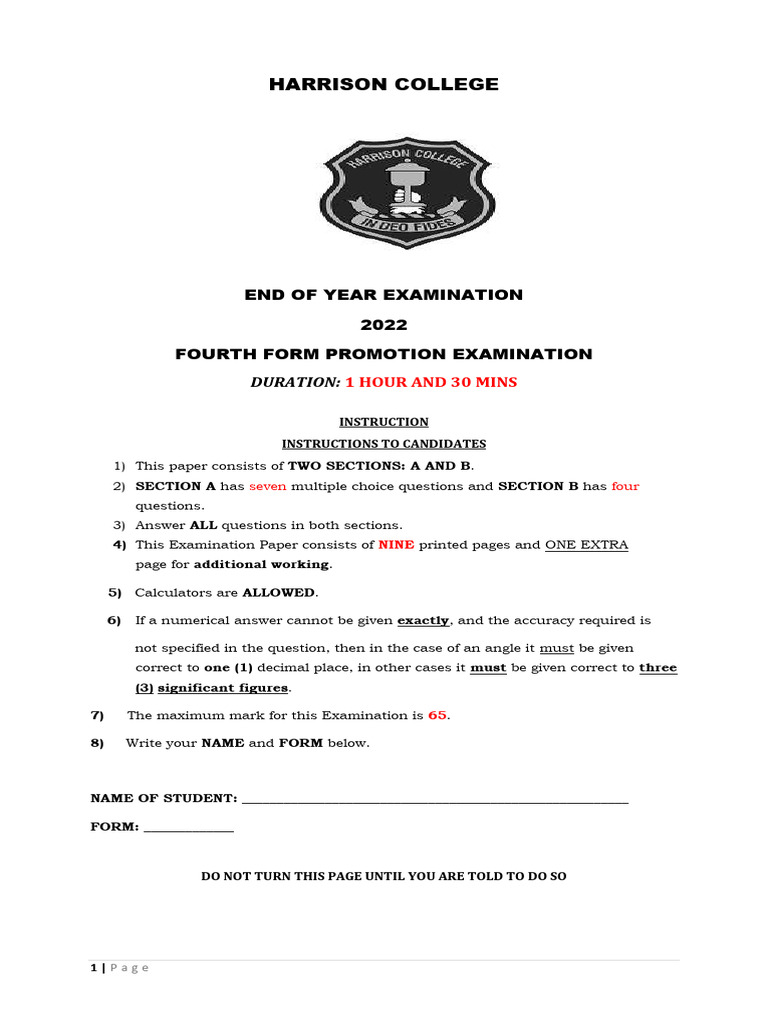 2022 Fourth Form Exam Paper | PDF | Mathematical Analysis | Geometry
