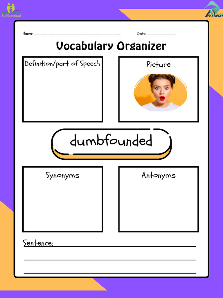 Elementary Language Arts Vocabulary Organizer Worksheet in Purple and ...