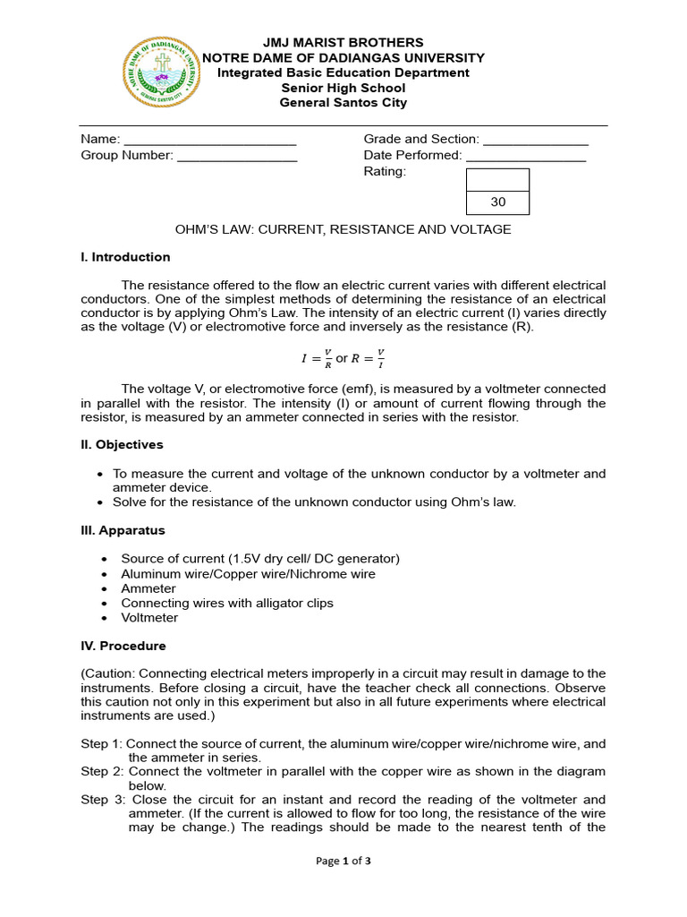 General Physics 2 Laboratory Experiment Ohms Law (3) | PDF | Voltage ...