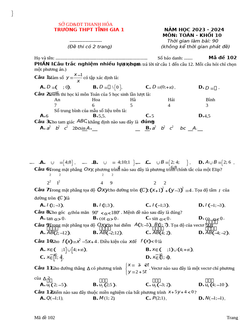 De Kiem Tra Lan 2 Toan 10 Nam 2023 2024 Truong THPT Tinh Gia 1 Thanh Hoa | PDF