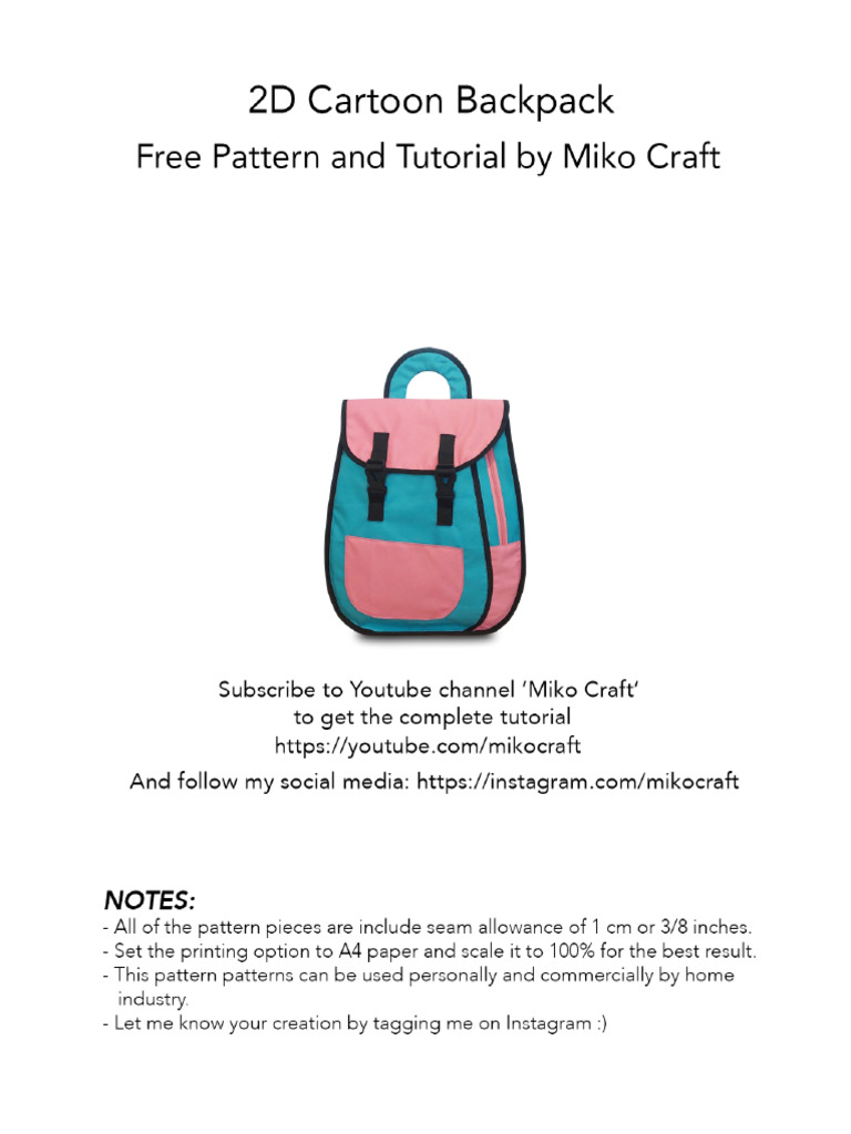 2D Cartoon Backpack - Free Pattern and Tutorial by Miko Craft | PDF