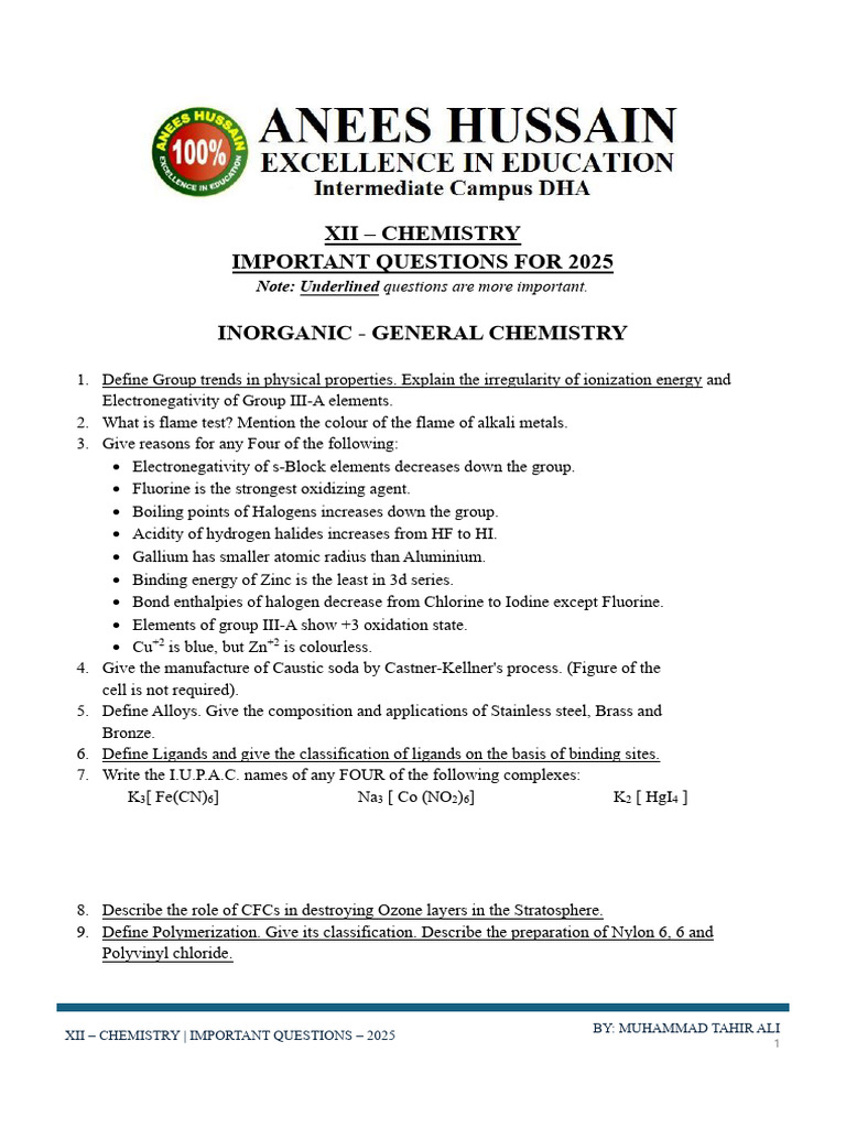 XII Chem Imp Questions 2025 | PDF | Chlorine | Benzene