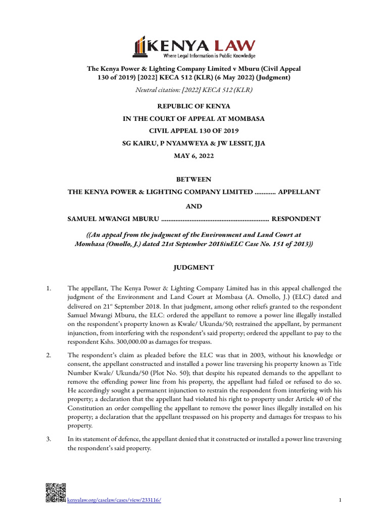 Kenya Power v Mburu Appeal Judgment | PDF | Appellate Court | Appeal