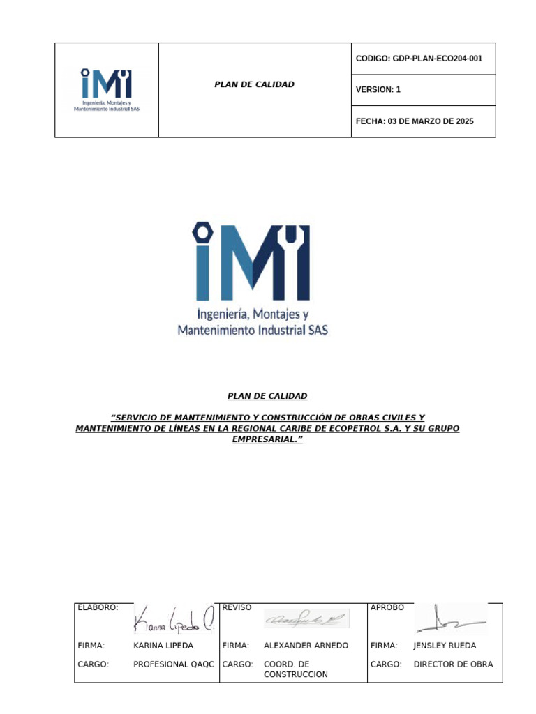 Gdp-pla-eco204-001-V1 Plan de Calidad Con Firma | PDF | Calidad (comercial) | Soldadura
