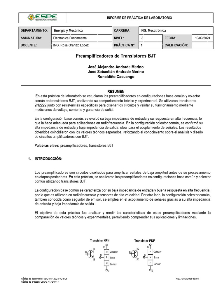 INF PRACTICA LABORATORIO Pre Amplificadores P3 | PDF | Transistor | Transistor de unión bipolar