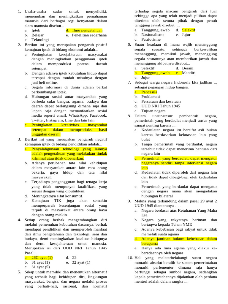 soal ASAS PPKn kelas 12 (2024-2025) | PDF