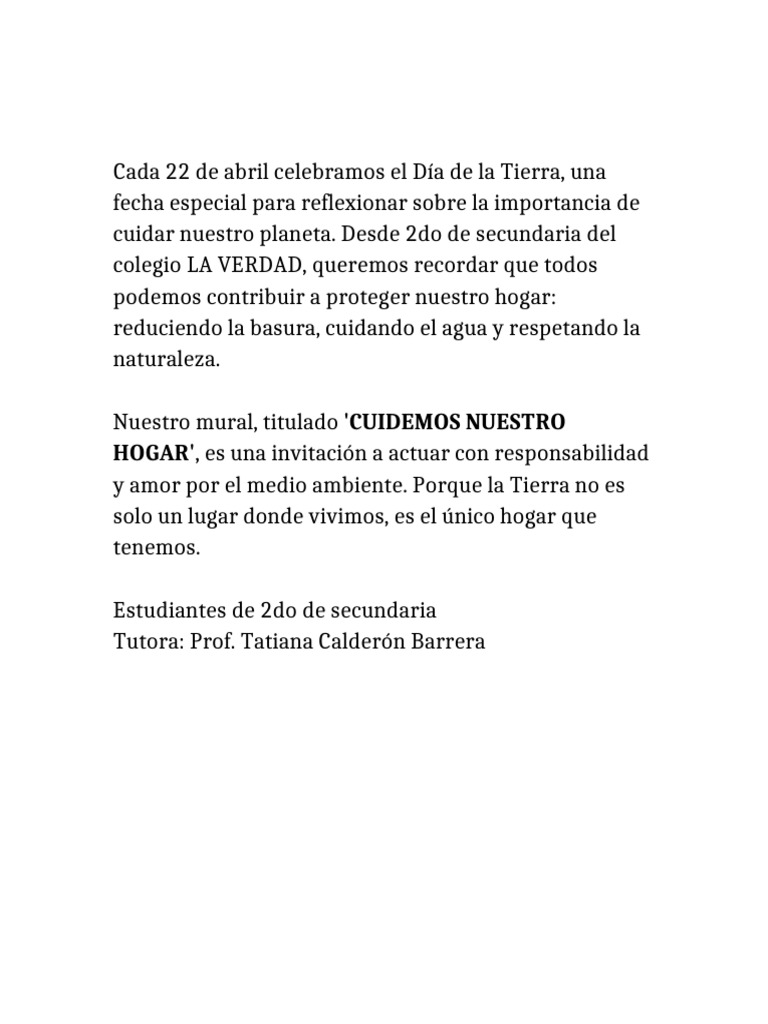 Día de la Tierra: Cuidemos Nuestro Hogar | PDF
