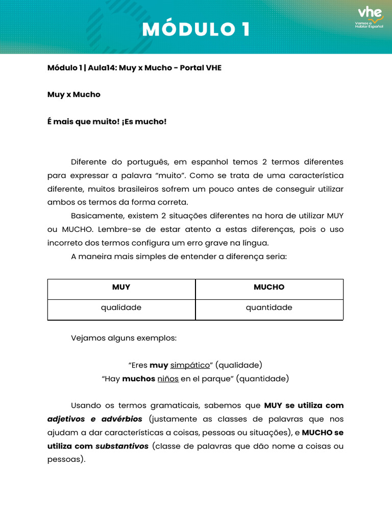 Diferencias entre Muy y Mucho en Español | PDF | Tipología Lingüística ...