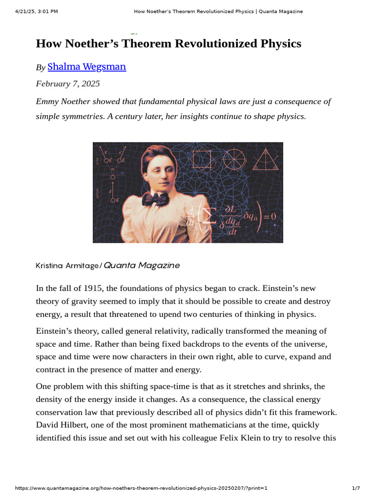 How Noether's Theorem Revolutionized Physics - Quanta Magazine | PDF | Noether's Theorem | Physics