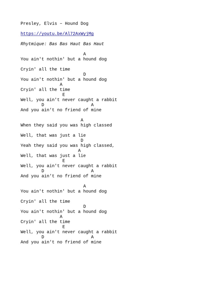 Hound Dog Lyrics by Elvis Presley | PDF