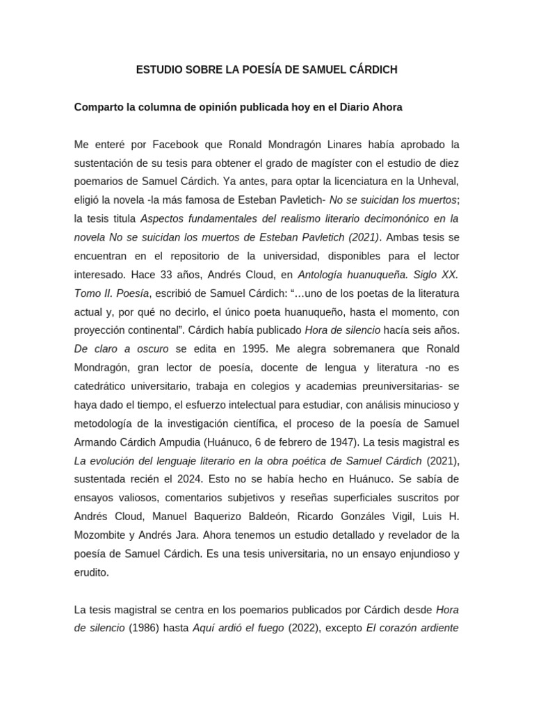 Análisis de la poesía de Samuel Cárdich | PDF | Poesía | Comunicación ...