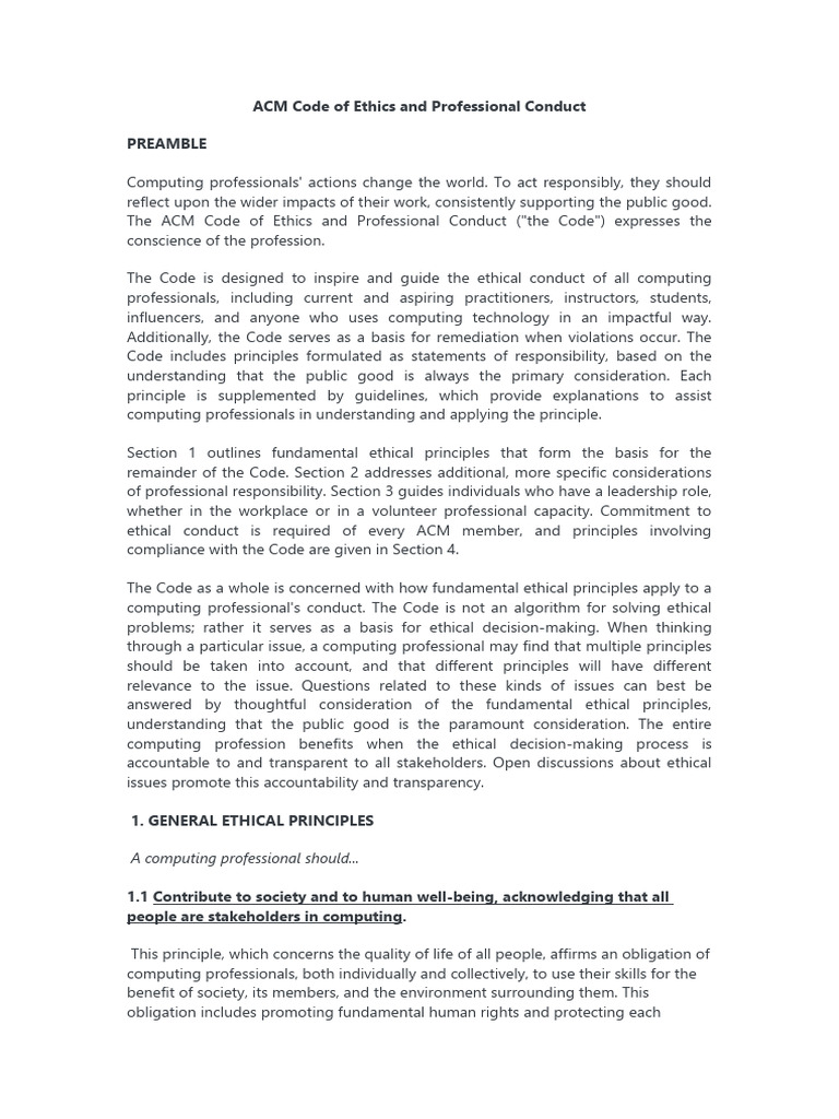ACM Code of Ethics and Professional Conduct | PDF | Discrimination ...