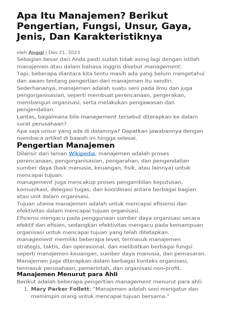 Apa Itu Manajemen Berikut Pengertian, Fungsi, Unsur, Gaya, Jenis, Dan Karakteristiknya | PDF