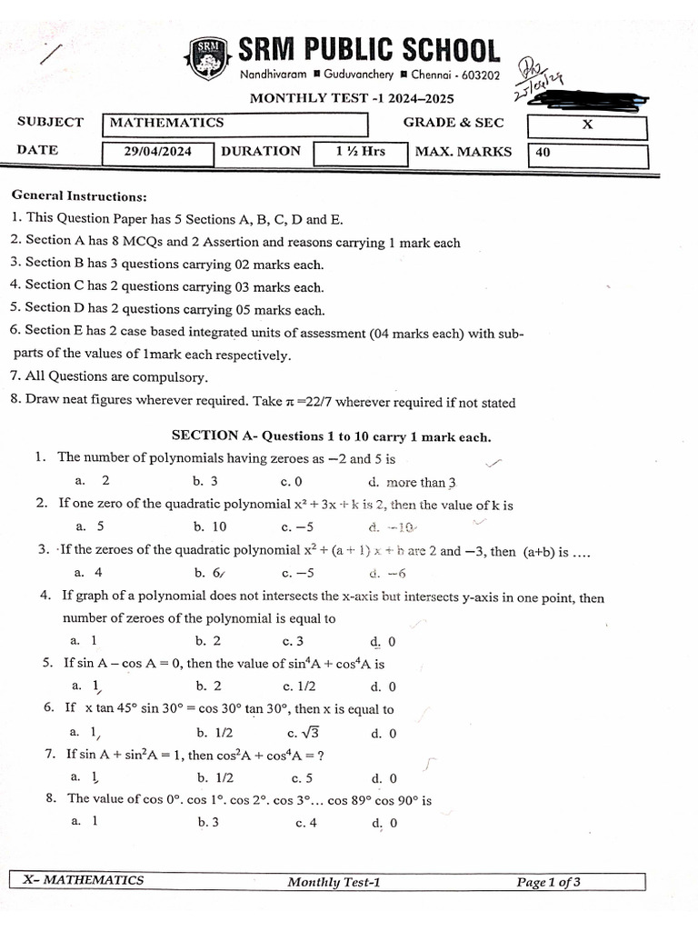 MT 1 Math QP | PDF