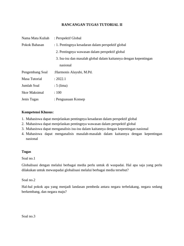 RANCANGAN TUGAS TUTORIAL II Perspektif Global | PDF