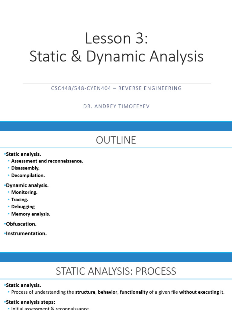 Lesson 3 - Static & Dynamic Analysis | PDF | Debugging | Control Flow