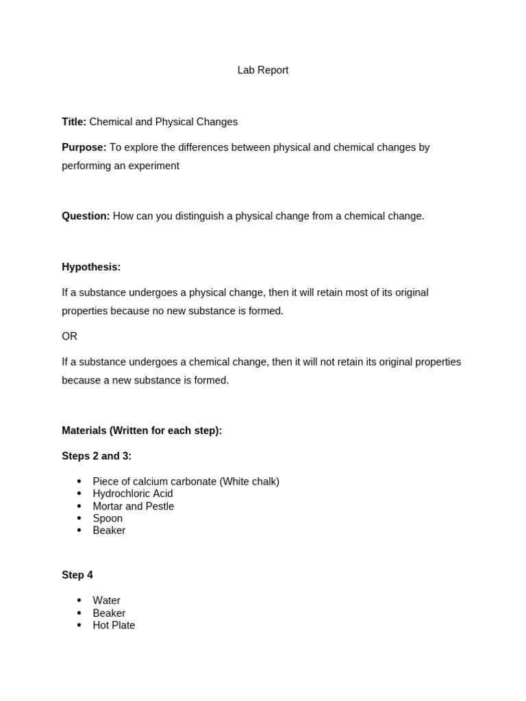 Lab Report - Physical and Chemical Changes - Copy | PDF | Chemical ...