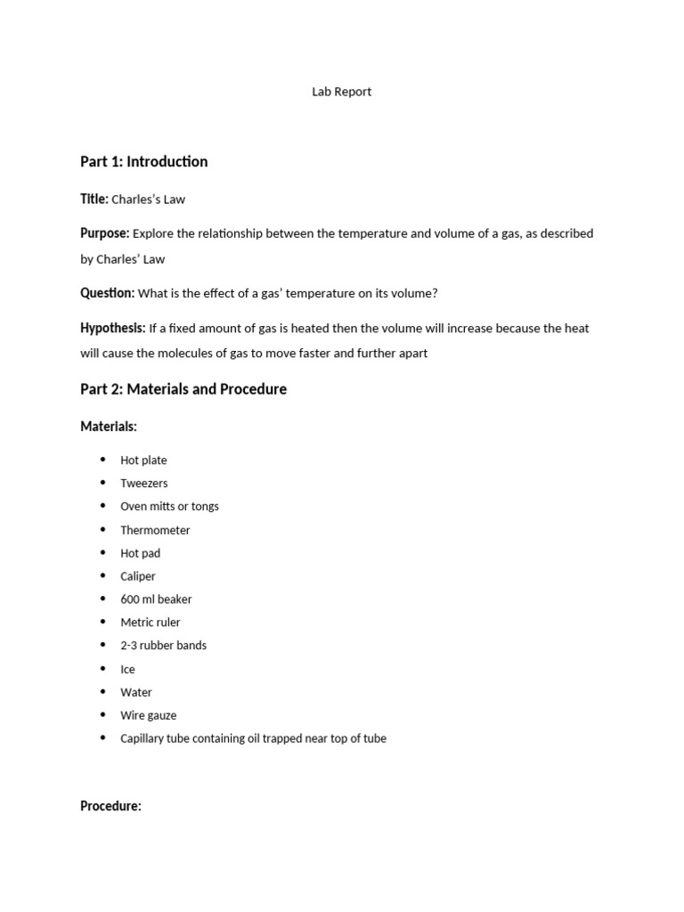 Lab Report - Charles's Law | PDF | Temperature | Gases