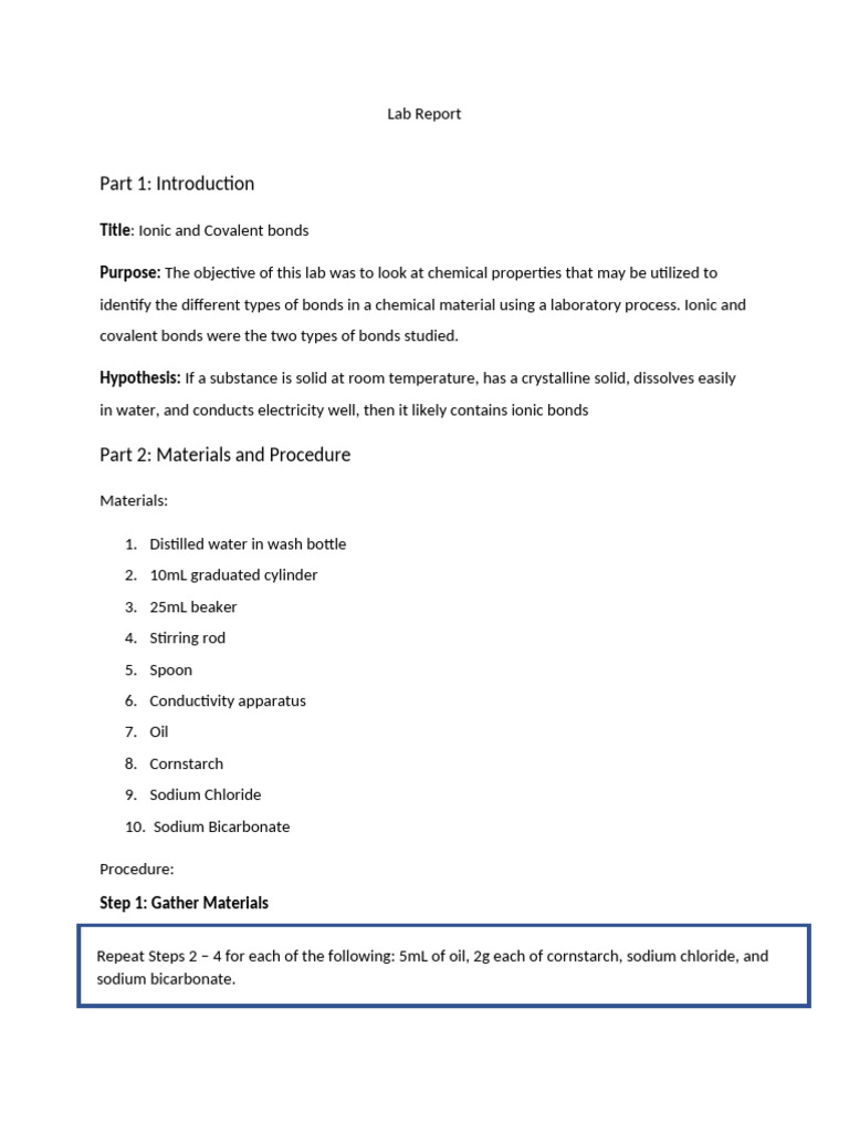 Lab Report - Ionic and Covalent Bonds | PDF | Salt (Chemistry ...