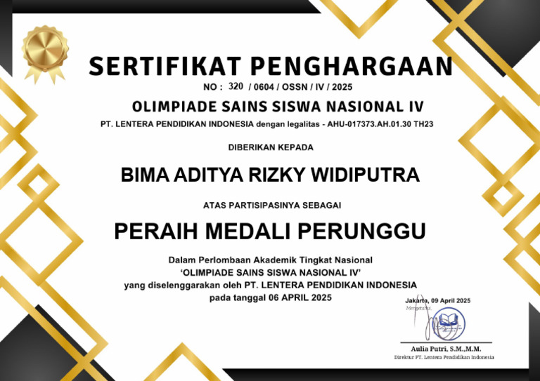 Sertifikat Bima Aditya Rizky Widiputra Ips | PDF