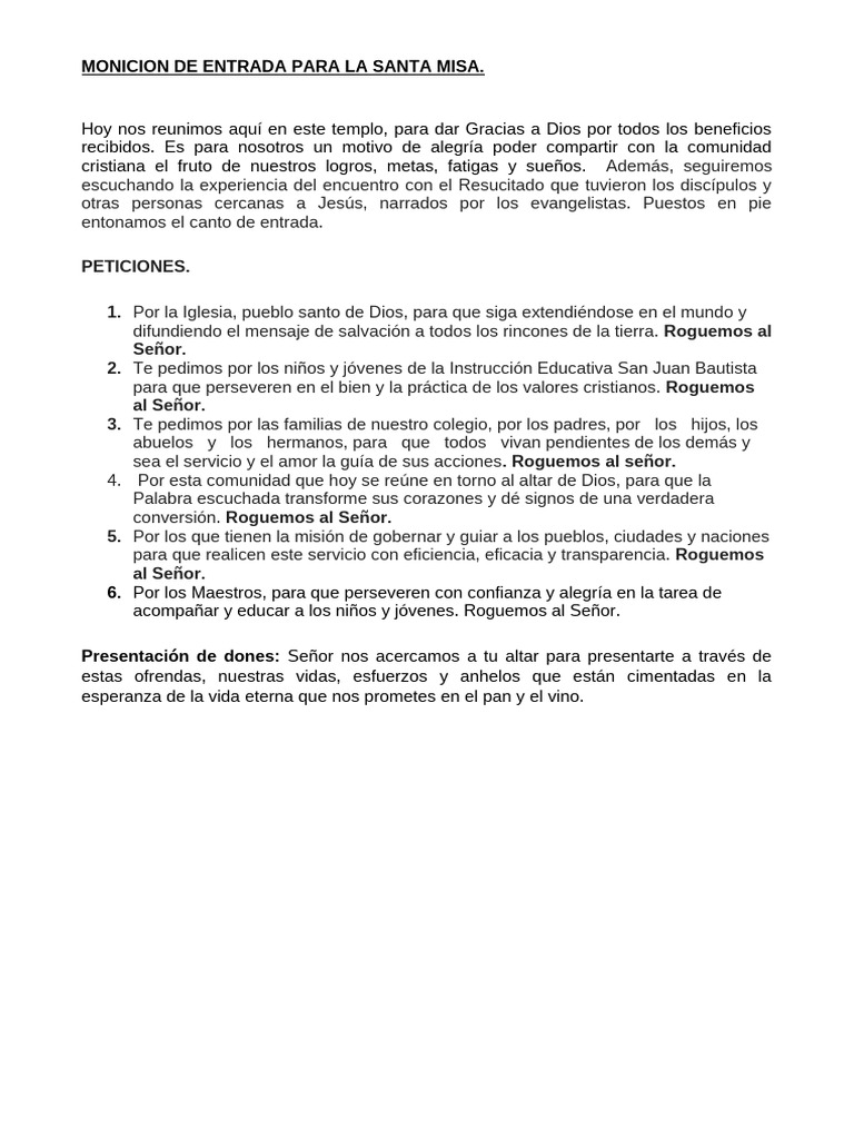 Monicion de Entrada para La Santa Misa | PDF