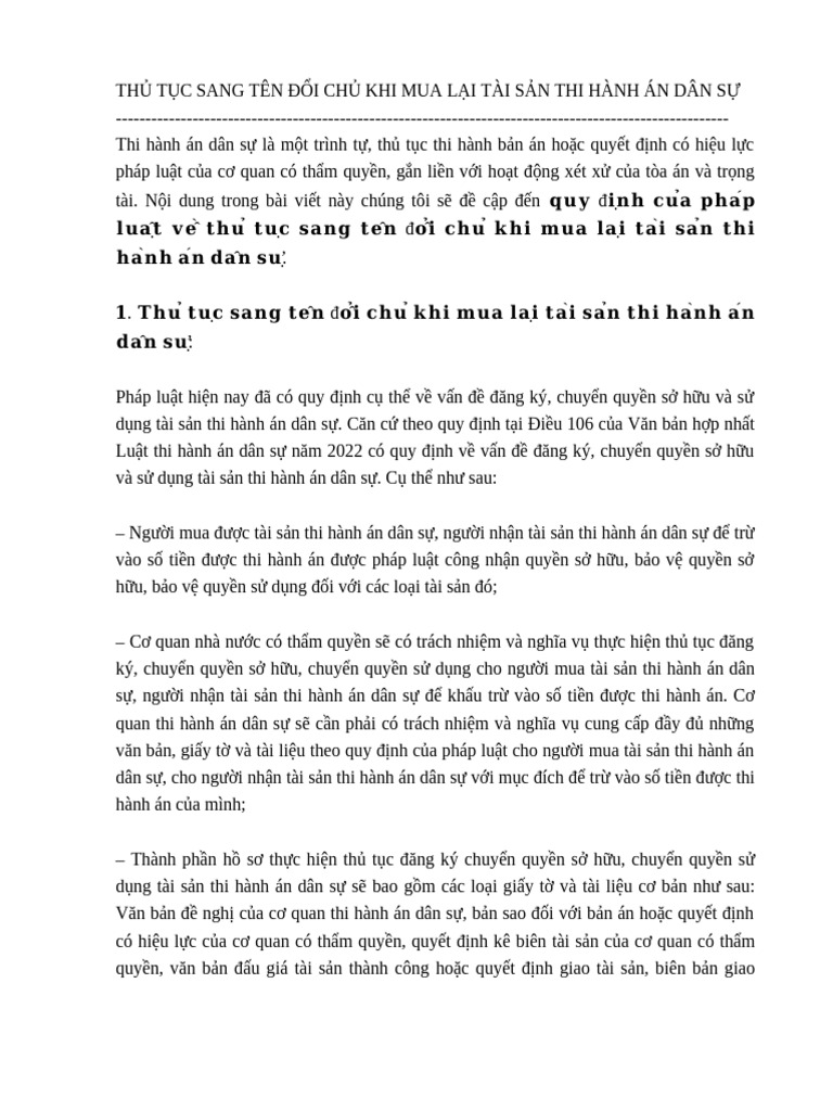 TH T C Sang Tên Đ I CH Khi Mua L I Tài S N Thi Hành Án Dân S | PDF