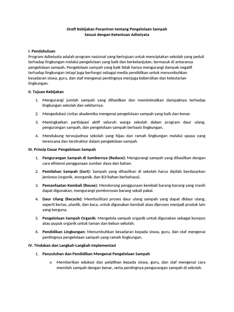 Draft Kebijakan Pesantren Tentang Pengelolaan Sampah | PDF
