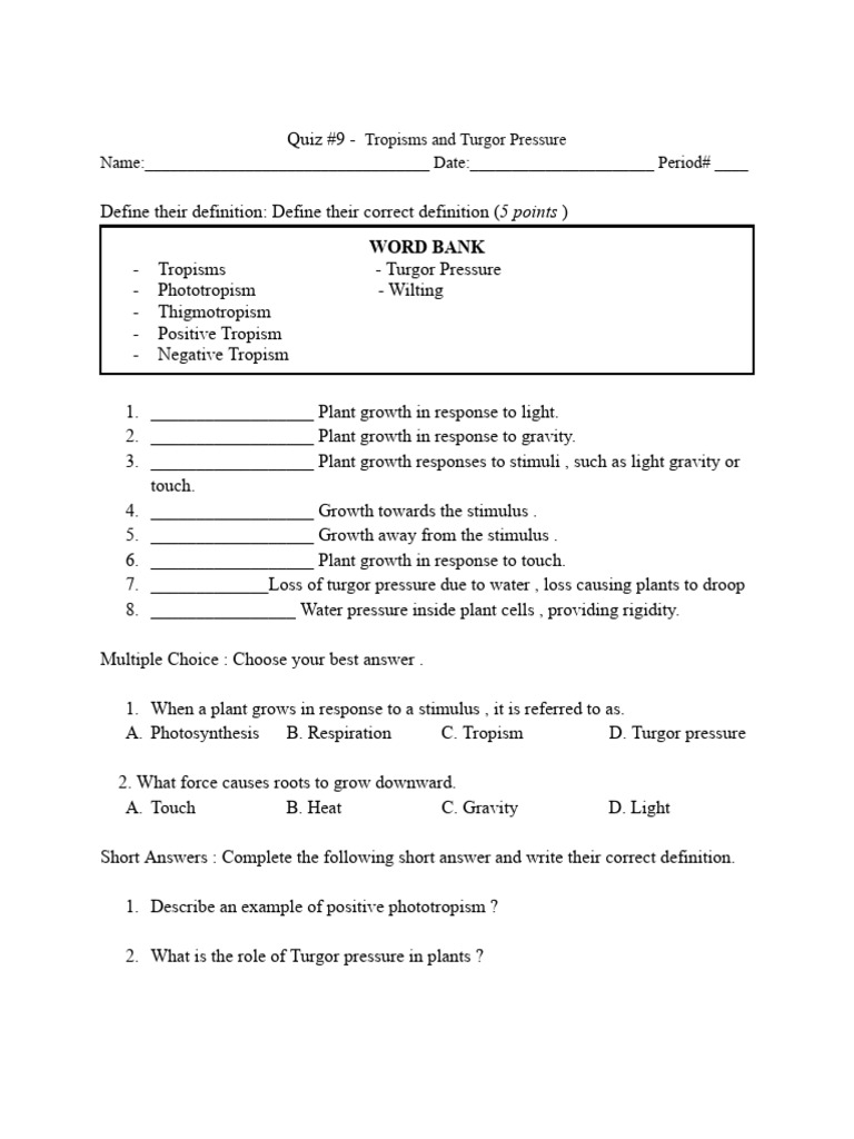 Quiz on Tropisms and Turgor Pressure | PDF