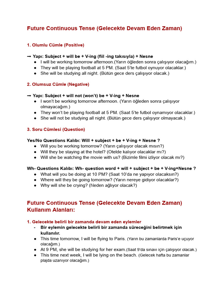 Future Continuous Tense (Gelecekte Devam Eden Zaman) | PDF