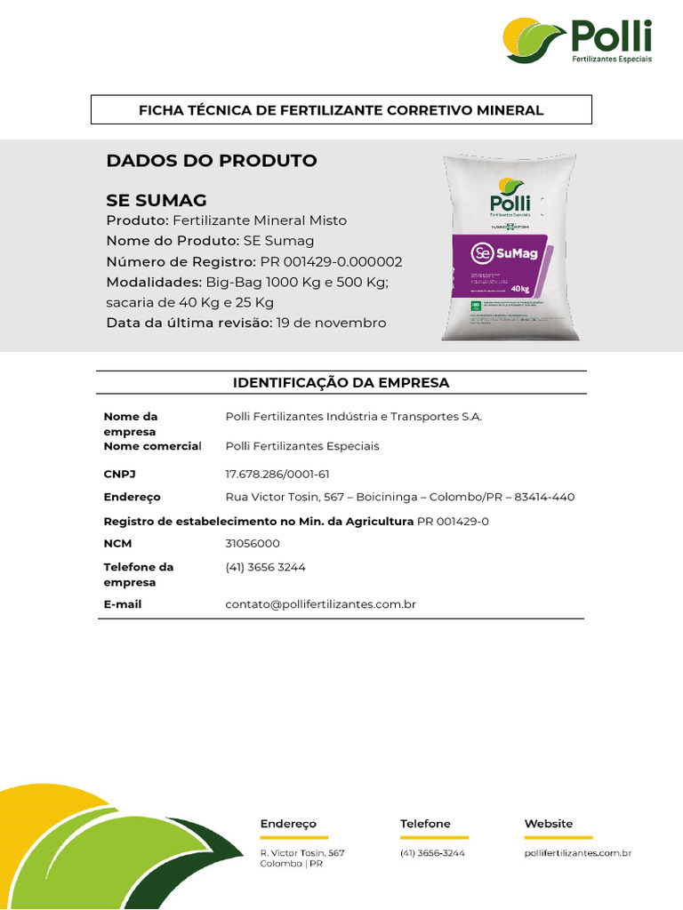 Polli Fertilizantes Especiais Se Sumag Ficha Tecnica | PDF ...