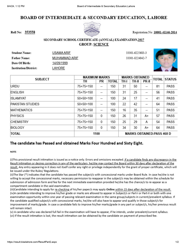 Matric Board of Intermediate & Secondary Education, Lahore | PDF ...