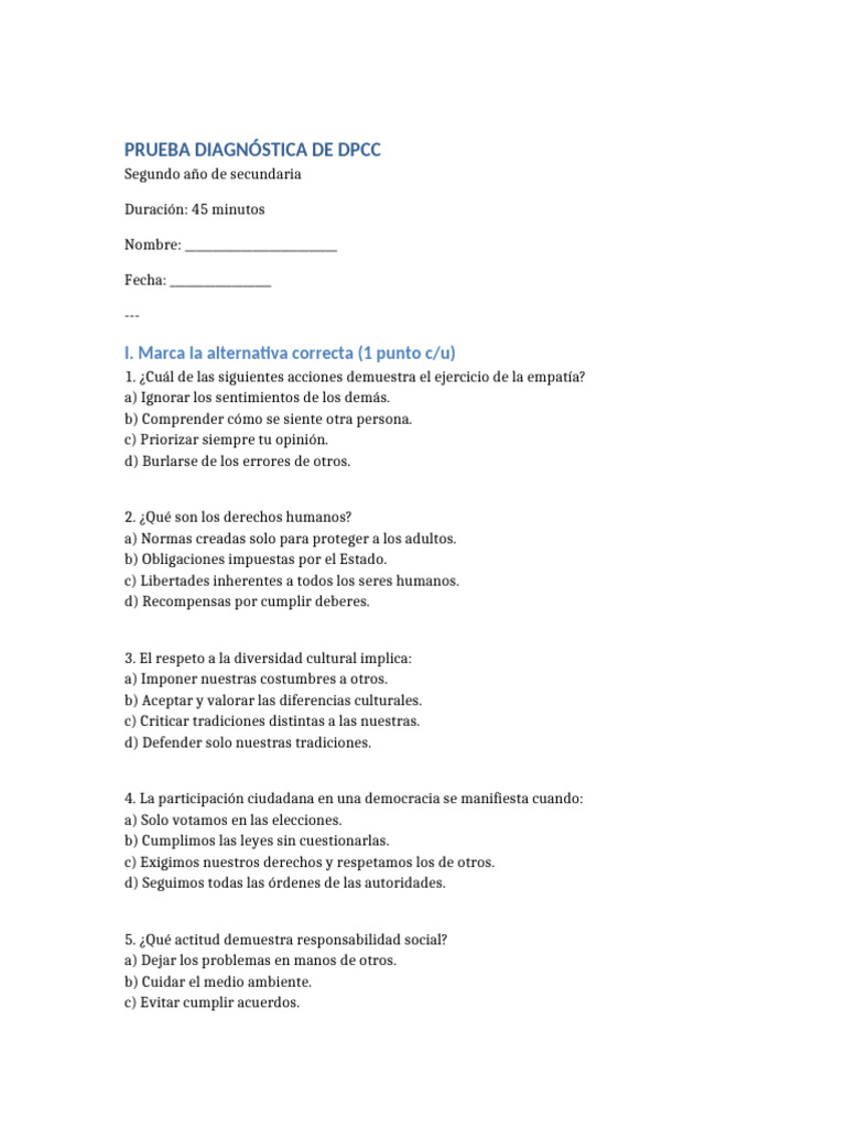 Prueba Diagnostica DPCC 2do | PDF | Derechos humanos | Democracia