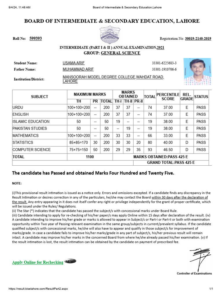 Lahore Board Intermediate Result 2021 | PDF