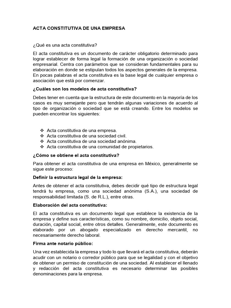 Acta Constitutiva de Una Empresa | PDF | Sociedad de responsabilidad limitada | Business